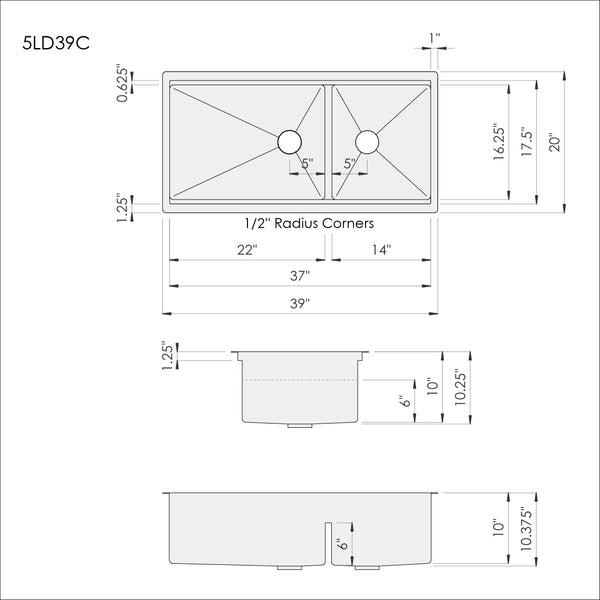 39" Workstation Sink - 16 Gauge Stainless Steel Undermount Double Bowl ...